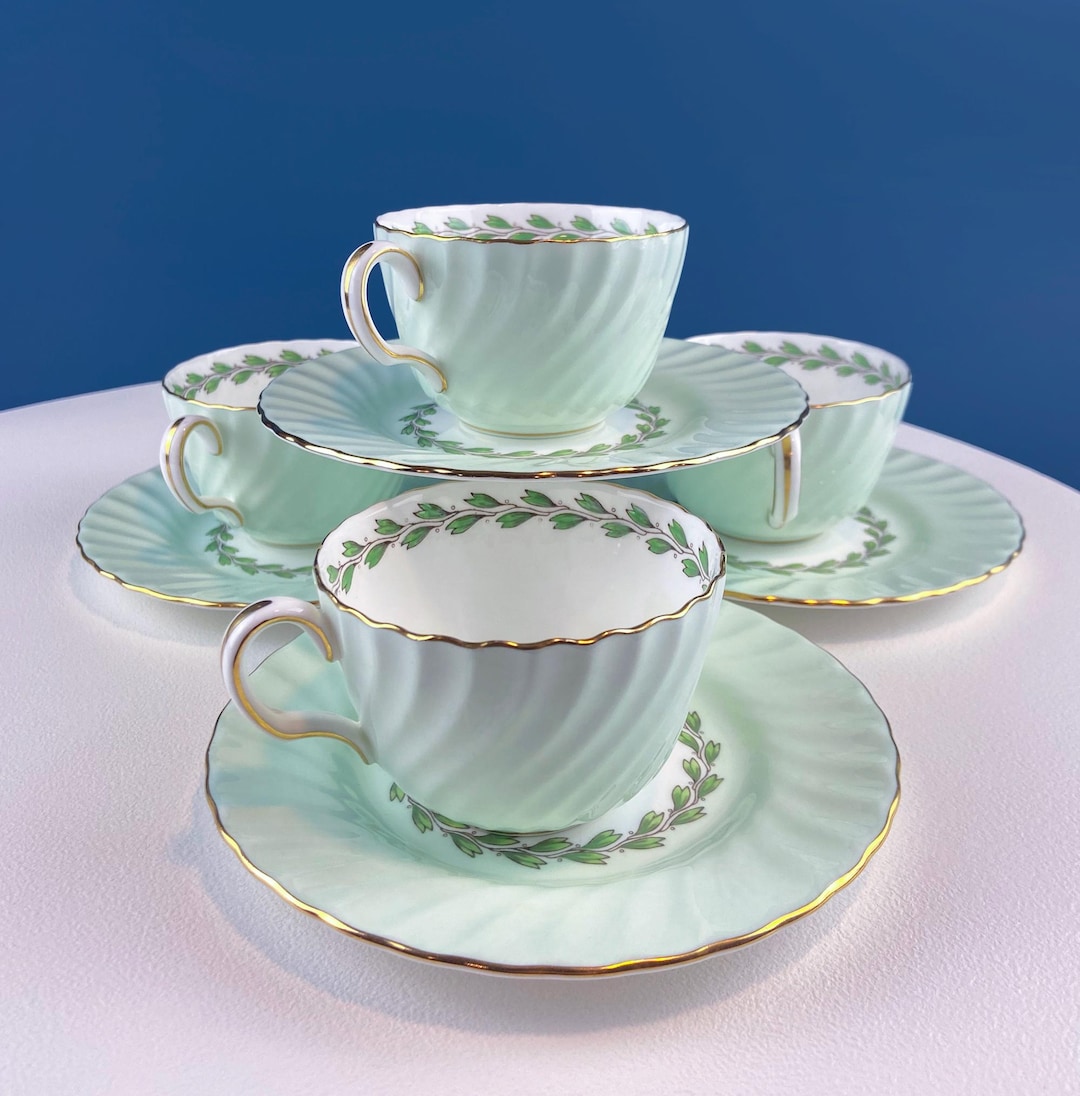 Porcelain Cups and Saucers by Minton, 4 Green & White Sets With Leaf ...
