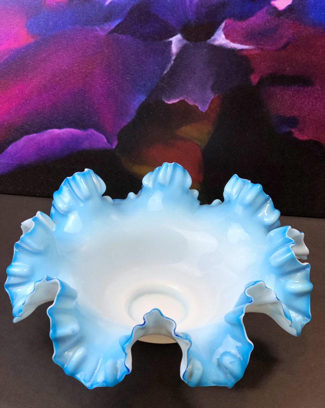 Fenton Blue Opalescent Glass Bowl With Ruffled Rim. Vintage Large Glass ...