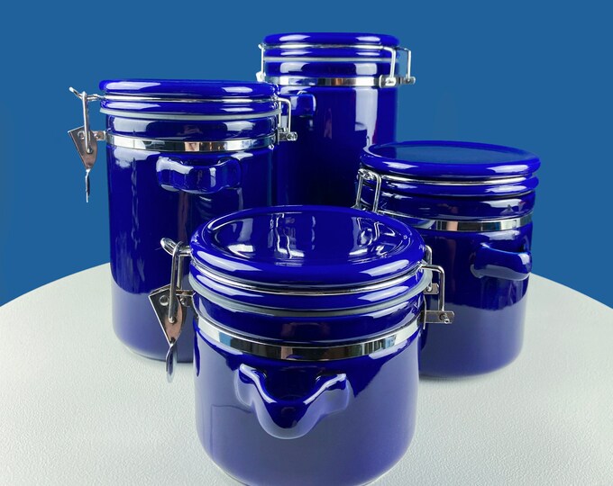 Cobalt Blue Ceramic Canisters With Lids & Wire Bale Clasps. Set of 4 ...