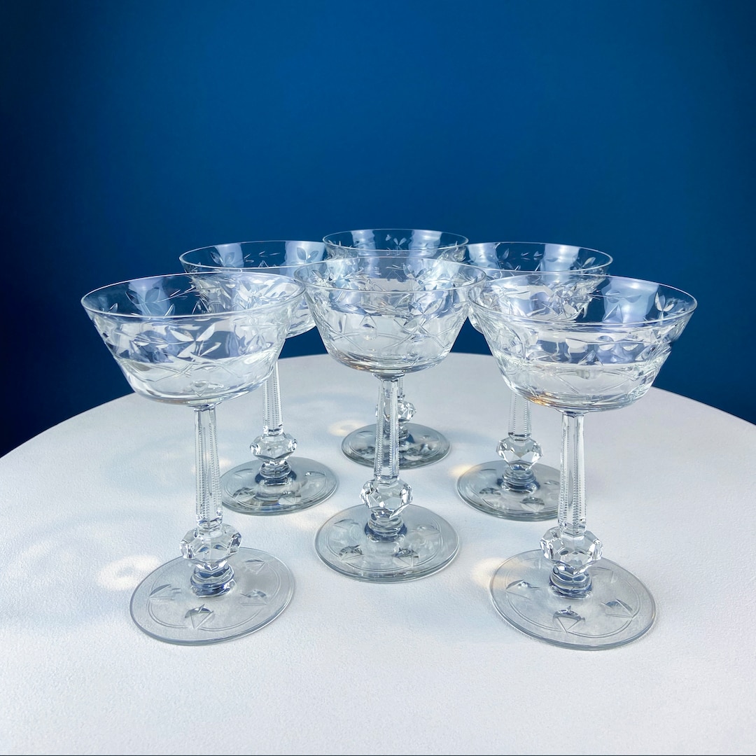 Cut Crystal Champagne Glasses. Set of 6 Vintage Stemware With Leaves ...