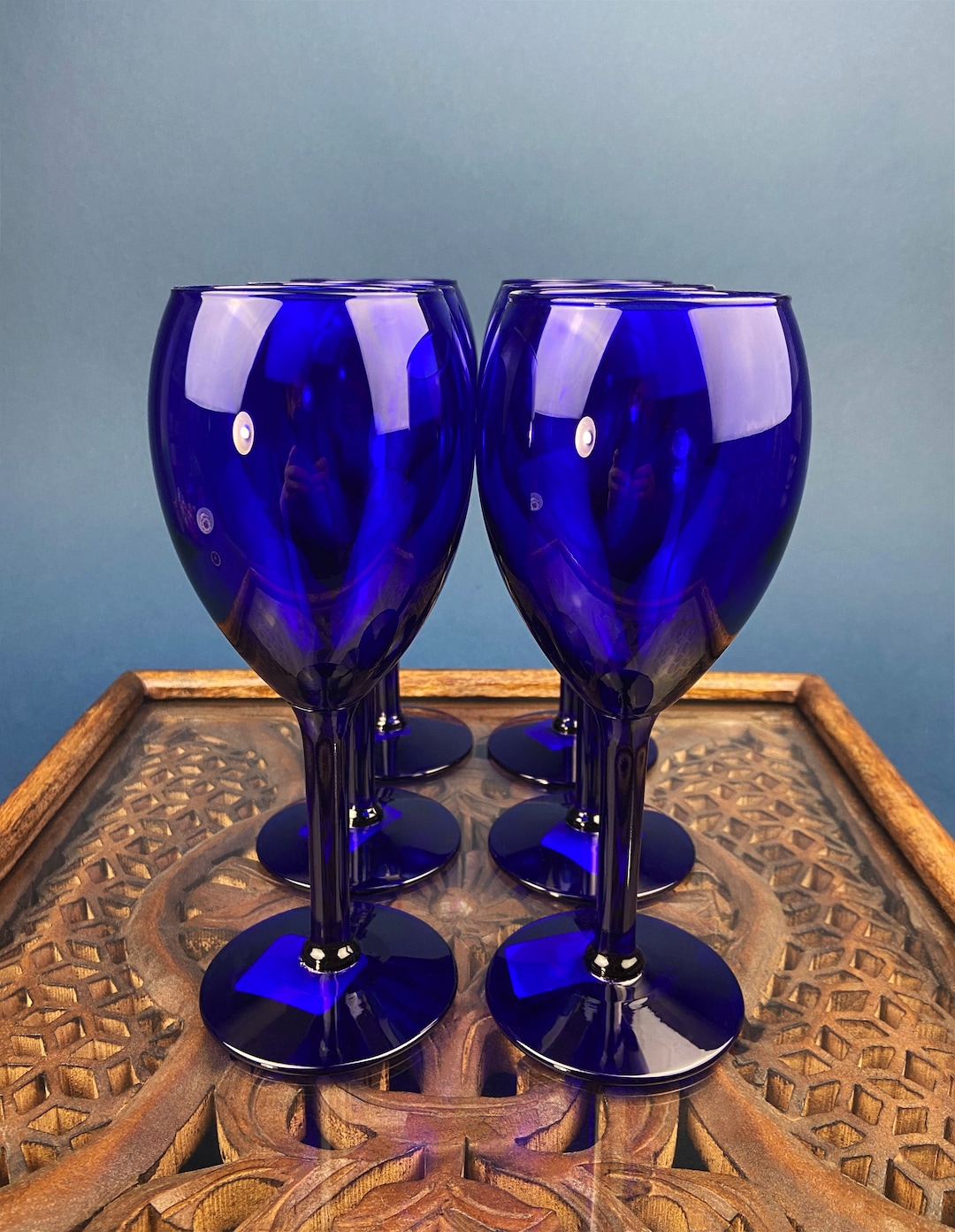 Cobalt Blue Wine Glasses. Set of Six Stemware. Dark Blue Modern Glasses ...