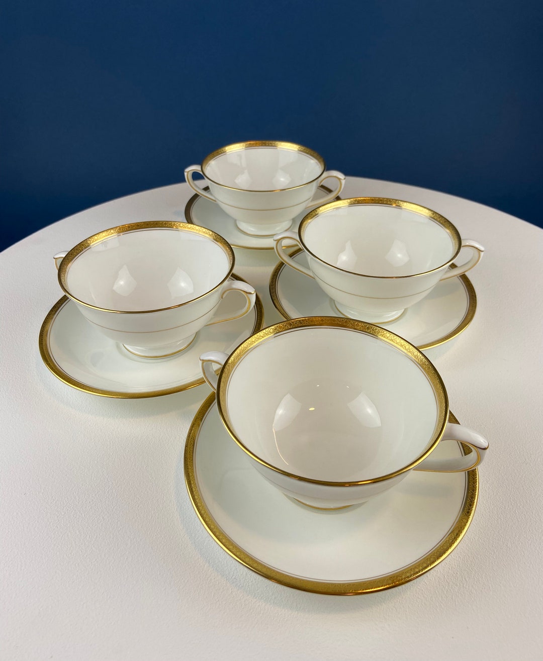 White and Gold Porcelain Soup or Bullion Cups With Saucers. Wedding ...