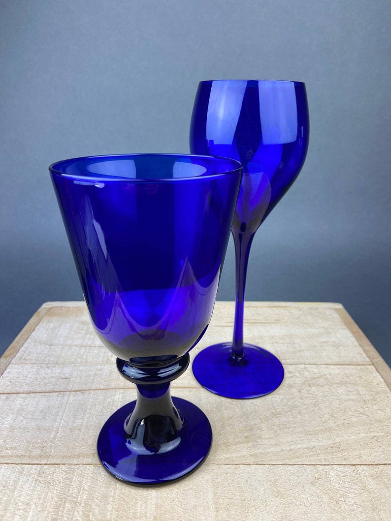Cobalt Blue Glass Water Goblets. Set of Eight Contemporary Style ...