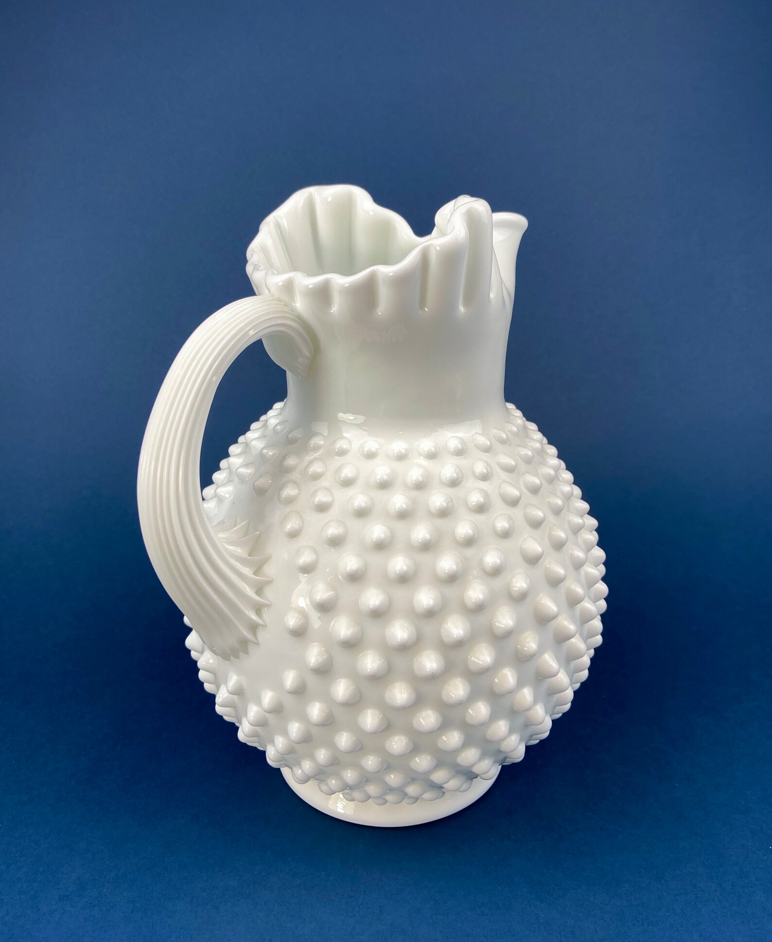 Milk Glass Pitcher With Hobnail Pattern and Ruffled Rim. Large Jug With ...