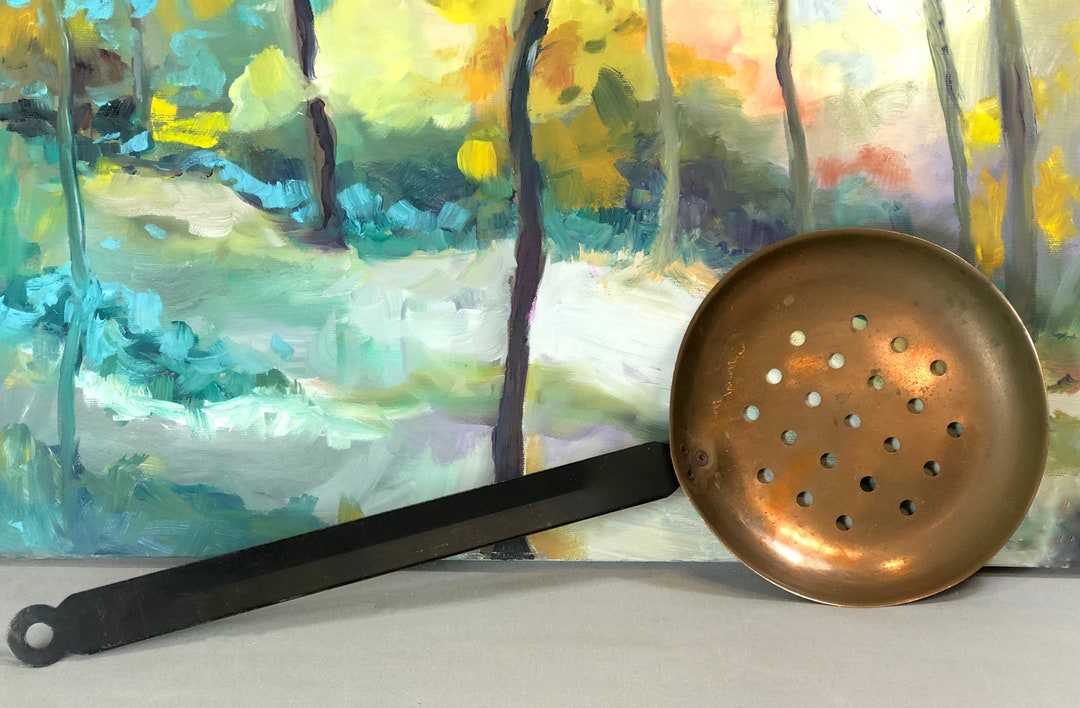 Vintage Copper Large Flat Slotted Ladle With Long Coated Stainless ...