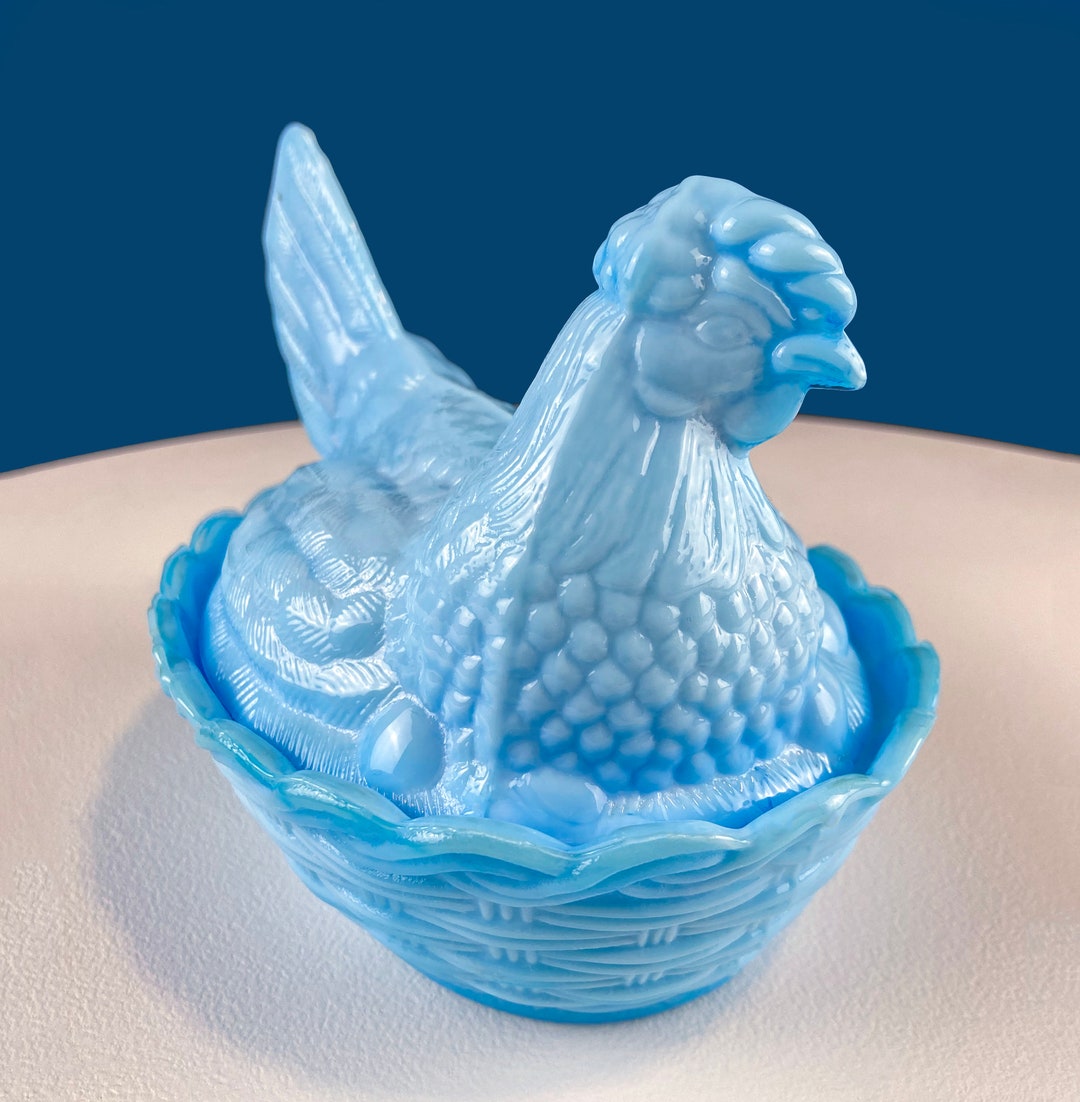 Blue Milk Glass Hen in a Basket. Milk Glass Chicken Sitting on Eggs in ...