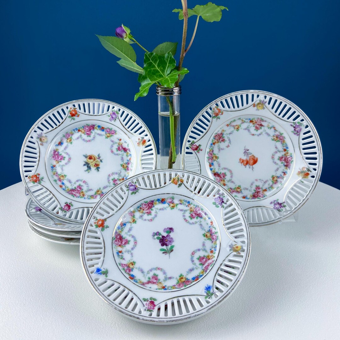 8 Antique Porcelain Reticulated and Hand-painted Floral Dessert Plates ...