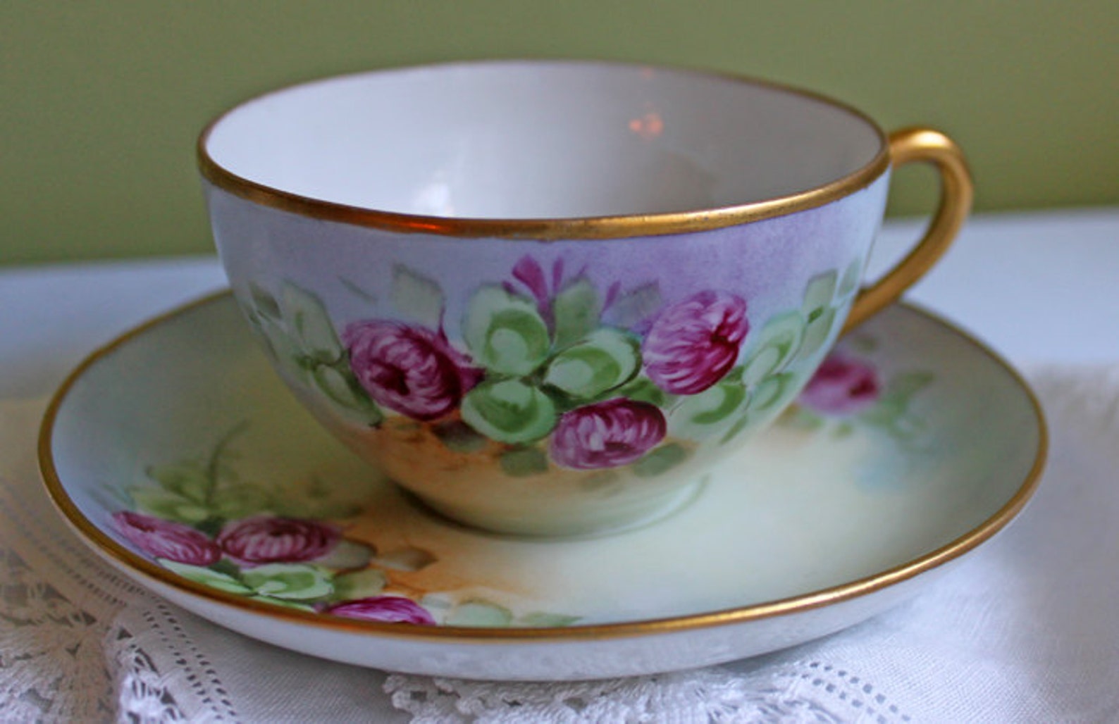 Antique Hand Painted Porcelain Trio / Cup Saucer and Dessert | Etsy