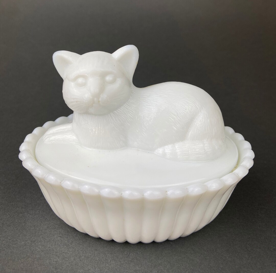 Westmoreland Milk Glass Cat Covered Dish: Vintage Trinket Candy Holder ...