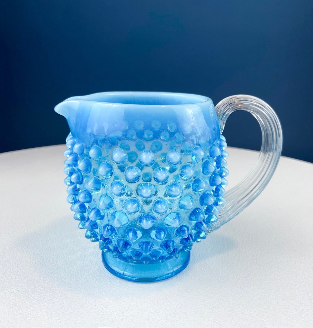 Fenton Blue Glass Pitcher With Hobnail Pattern and Fluted Hand Blown ...