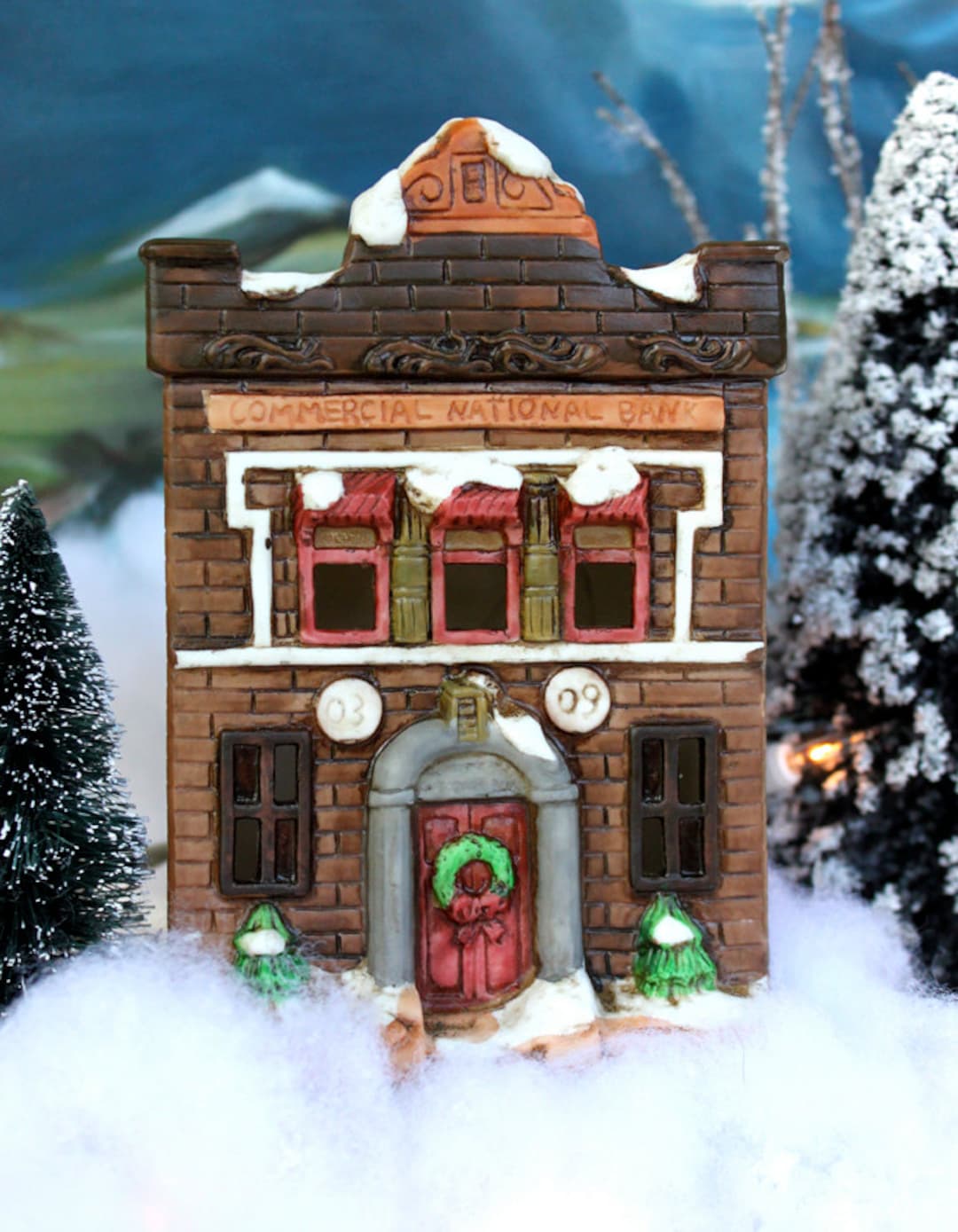 Vintage Christmas Decoration. Christmas Village Bank With Lights. Hand ...