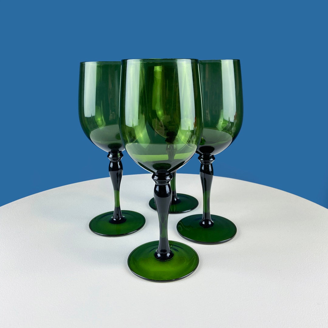 Green Wine Goblets. Set of Four Stemware. Dark Green Hand Blown Glasses ...