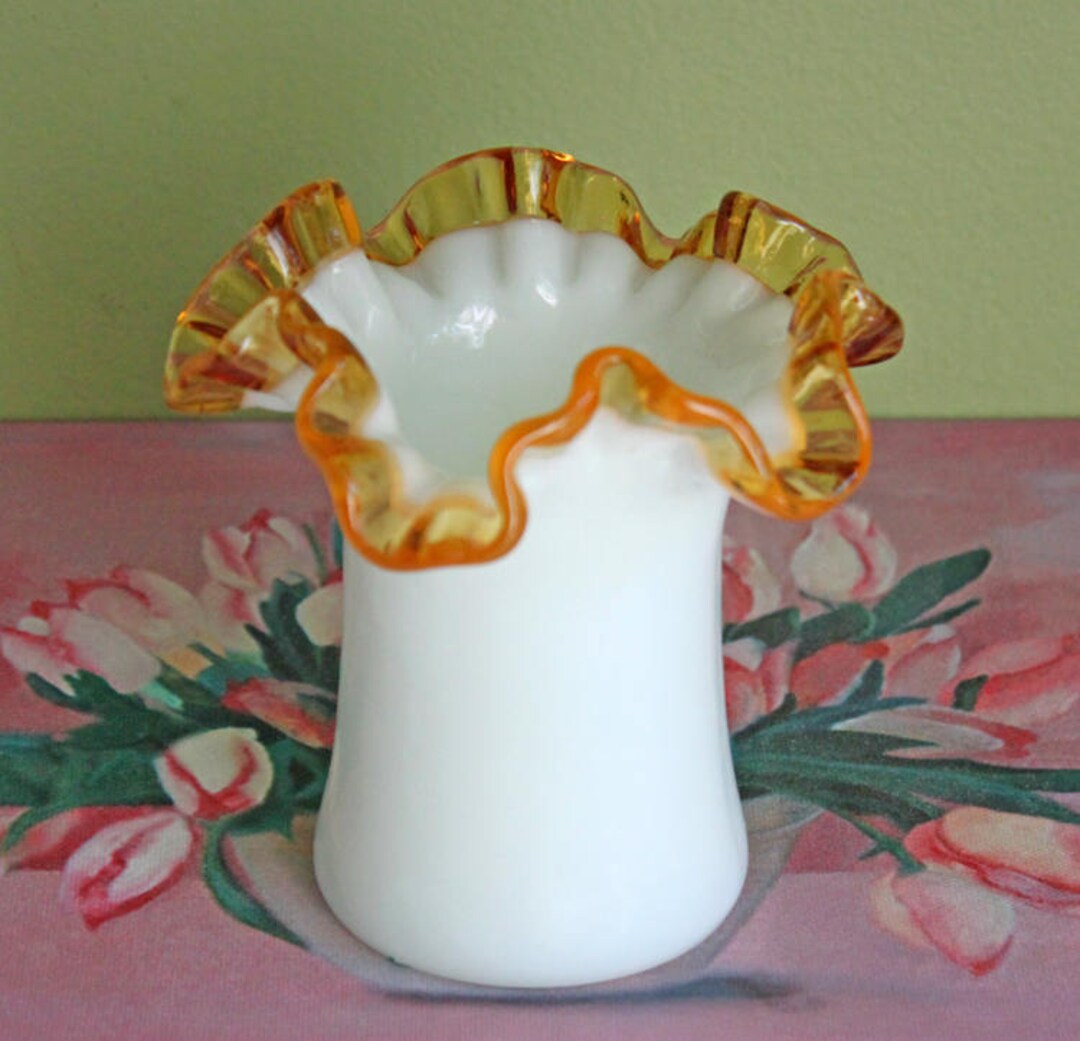 Fenton Honey Color Crest Milk Glass Vase or Jar With Clear Ruffled Edge ...