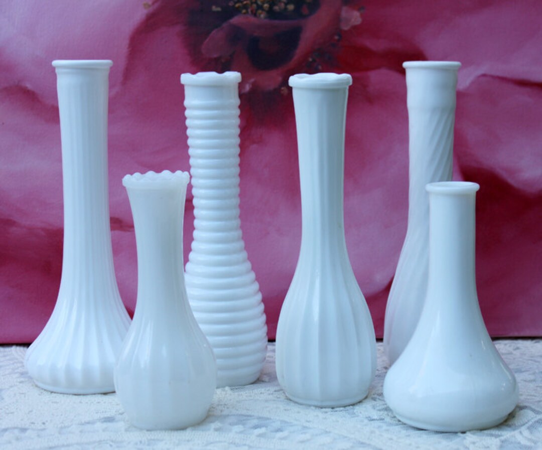 Milk Glass Fluted Vases With Ribbed Pattern. Set of Six Vases With ...