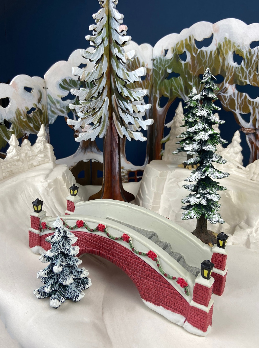 Christmas Village Red Bridge by Lemax. Porcelain Bridge With Lanterns ...