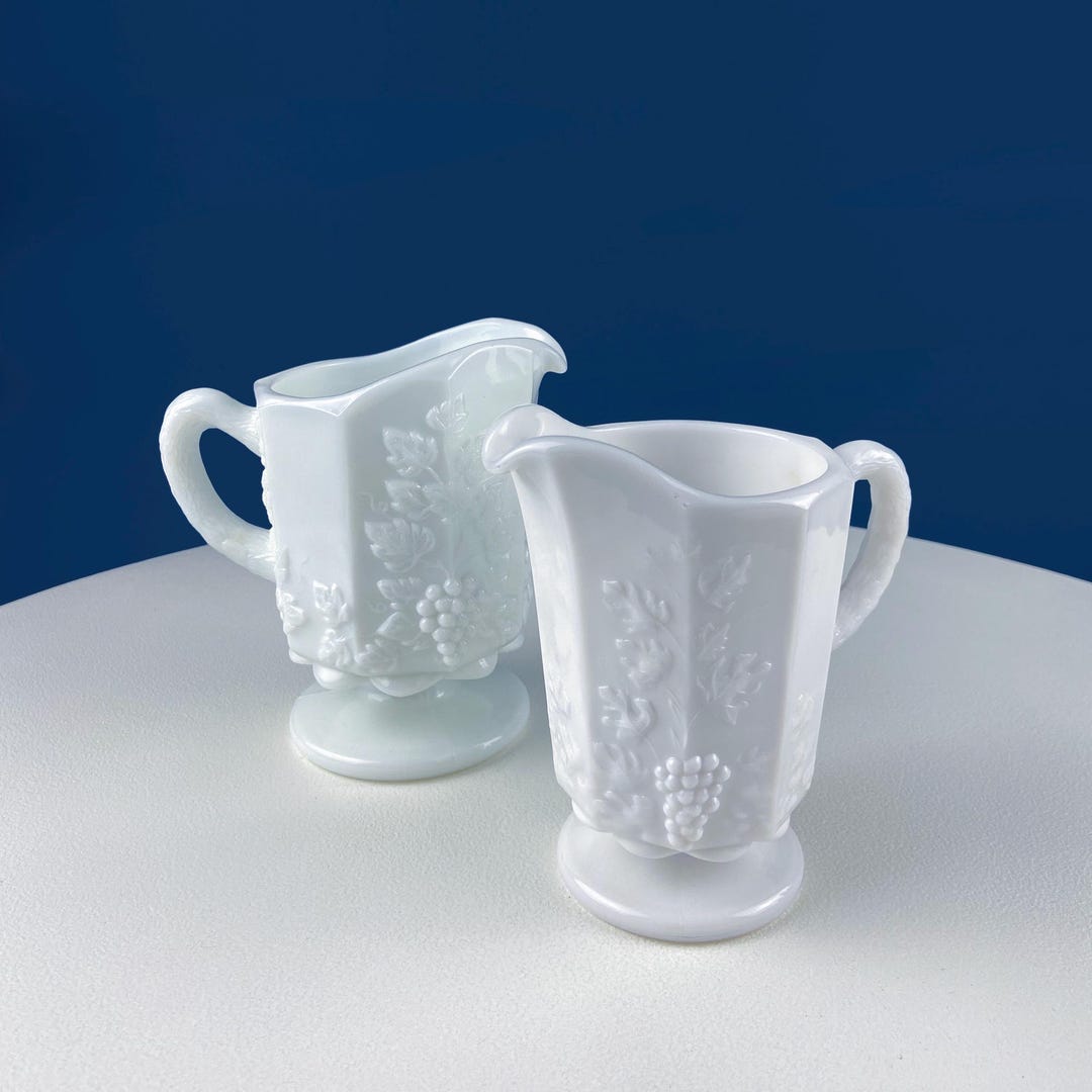 Vintage Westmoreland Milk Glass Pitchers With Vine & Grape Motif. 2 ...
