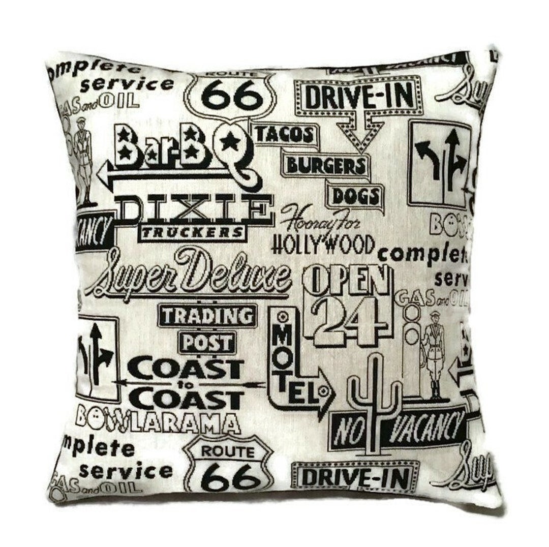 Pillow Cover, Black and Off-white "route 66" Print, Decorative Pillow ...