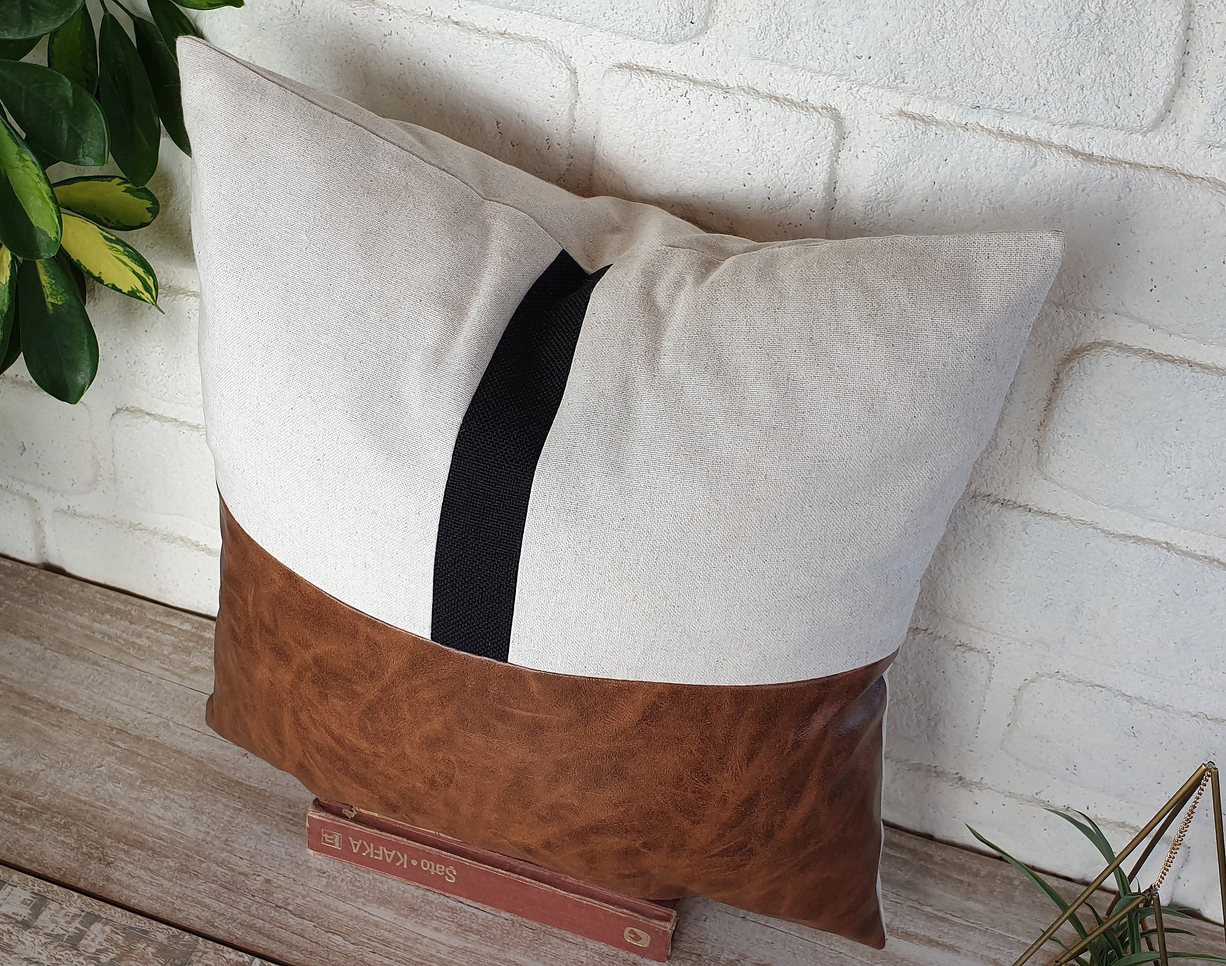 Color Block Design Black Fine Line Fabric/walnut Natural Brown - Etsy