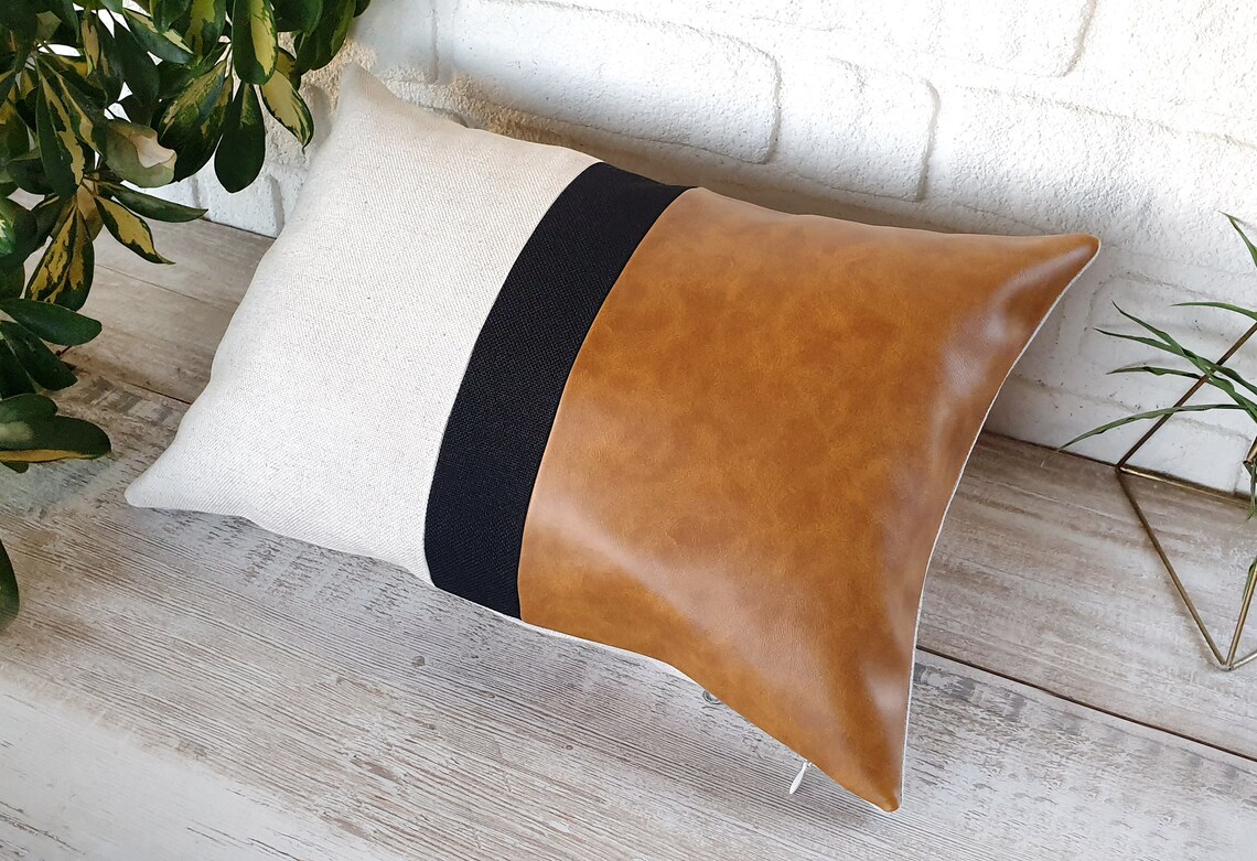 Oscar Camel Faux Leather Beige Linen Fabric and Black Fabric | Etsy