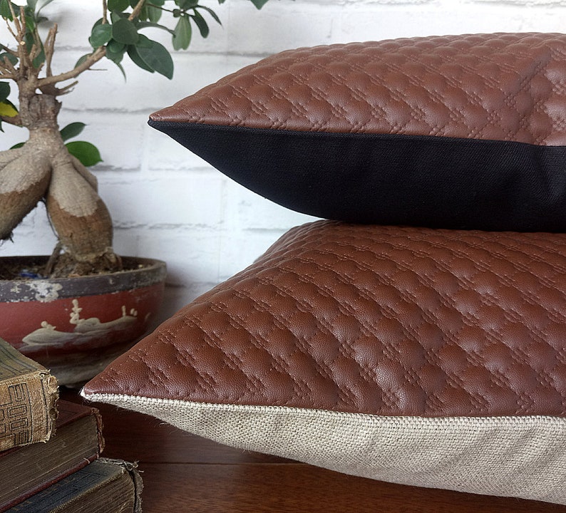 Embroidered Faux Leather Lumbar Pillow Cover: Modern Scandinavian Decor ...
