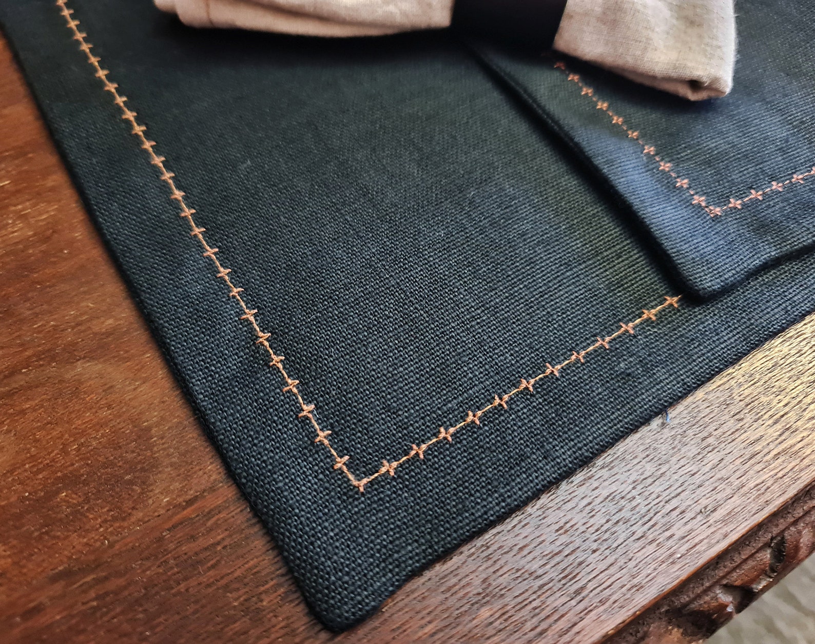 Black Linen Embroidered Double Layer Placemats Embroidered - Etsy