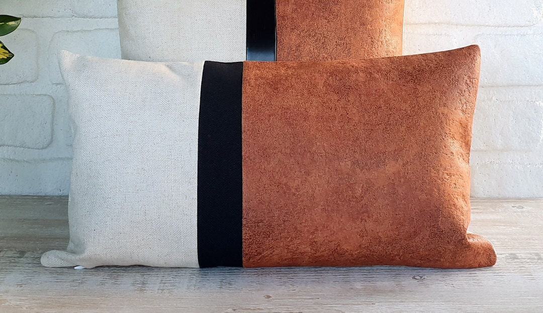 Color Block Lumbar Pillow Cover: Terracotta, Linen & Black - Etsy