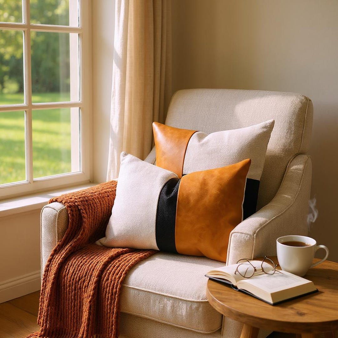 Color Block Lumbar Pillow Cover: Camel Faux Leather, Beige Linen, Black ...