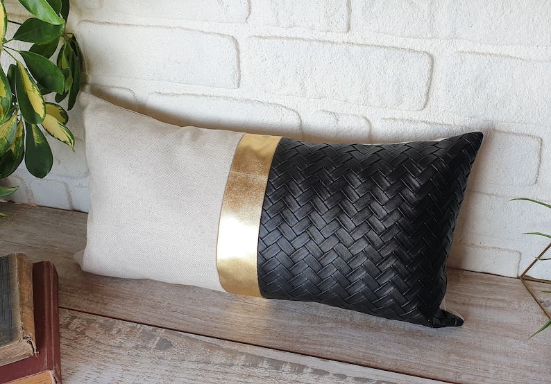 Color Block Lumbar Pillow Cover: Black Wicker Faux Leather, Beige Linen ...