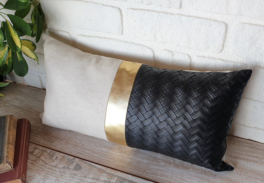 Color Block Lumbar Pillow Cover: Black Wicker Faux Leather, Beige Linen ...
