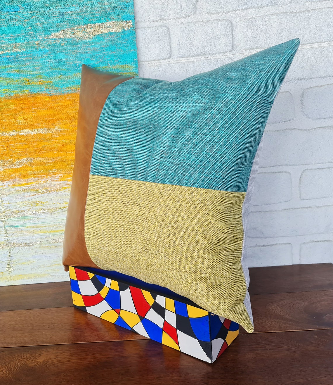 Color Block Lemon Yellow-turquoise Fabric Cognac Faux Leather - Etsy