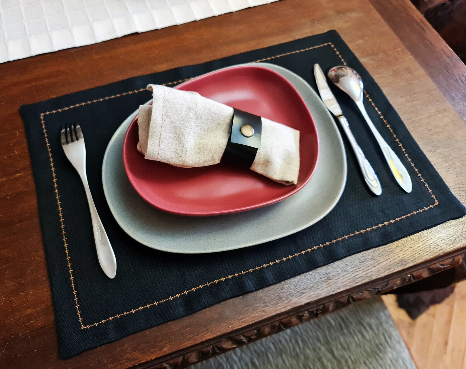 Black Linen Embroidered Double Layer Placemats Embroidered - Etsy