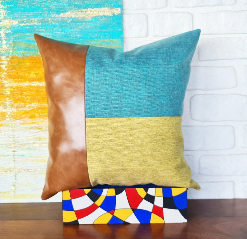 Color Block Lemon Yellow-turquoise Fabric Cognac Faux Leather - Etsy