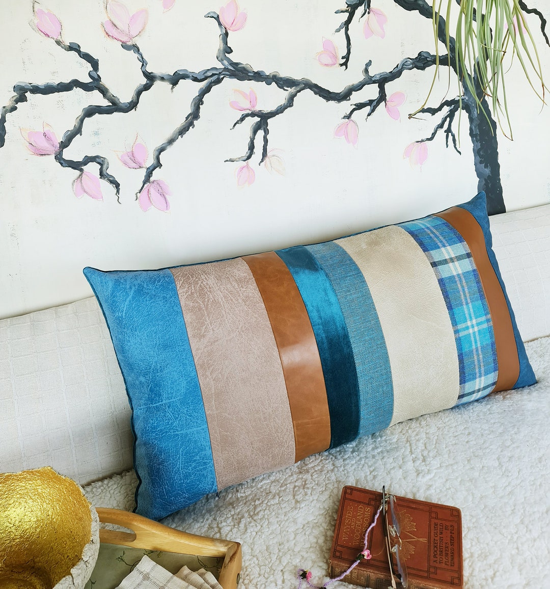 Lumbar Sustainable Pillow Cover Made of Segmented Velvet,faux Leather ...