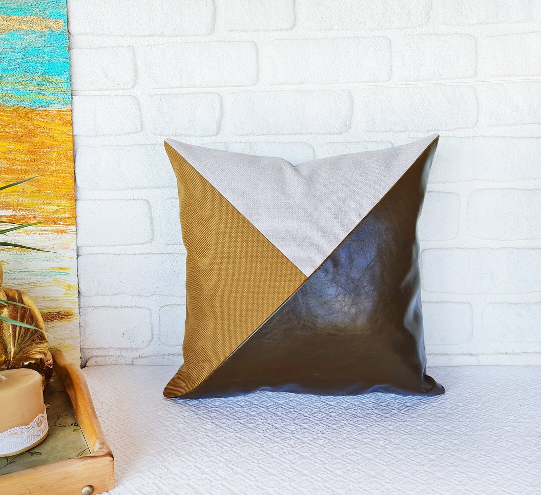 Triangle Faux Leather Pillow Cover: Olive Green, Beige, Scandinavian ...