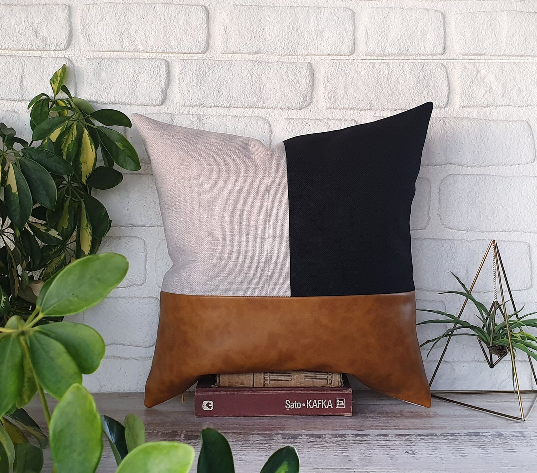 Color Block Pillow Cover: Camel Faux Leather, Black Fabric & Linen - Etsy