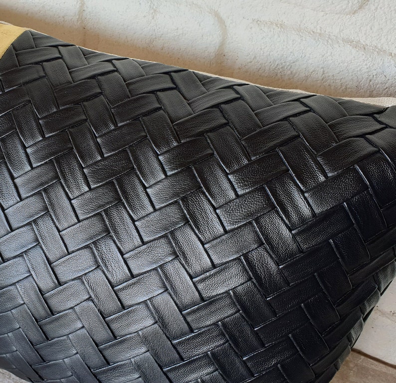 Color Block Lumbar Pillow Cover: Black Wicker Faux Leather, Beige Linen ...