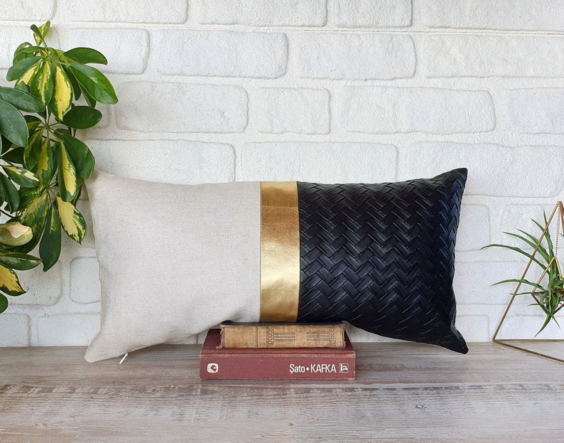 Color Block Lumbar Pillow Cover: Black Wicker Faux Leather, Beige Linen ...