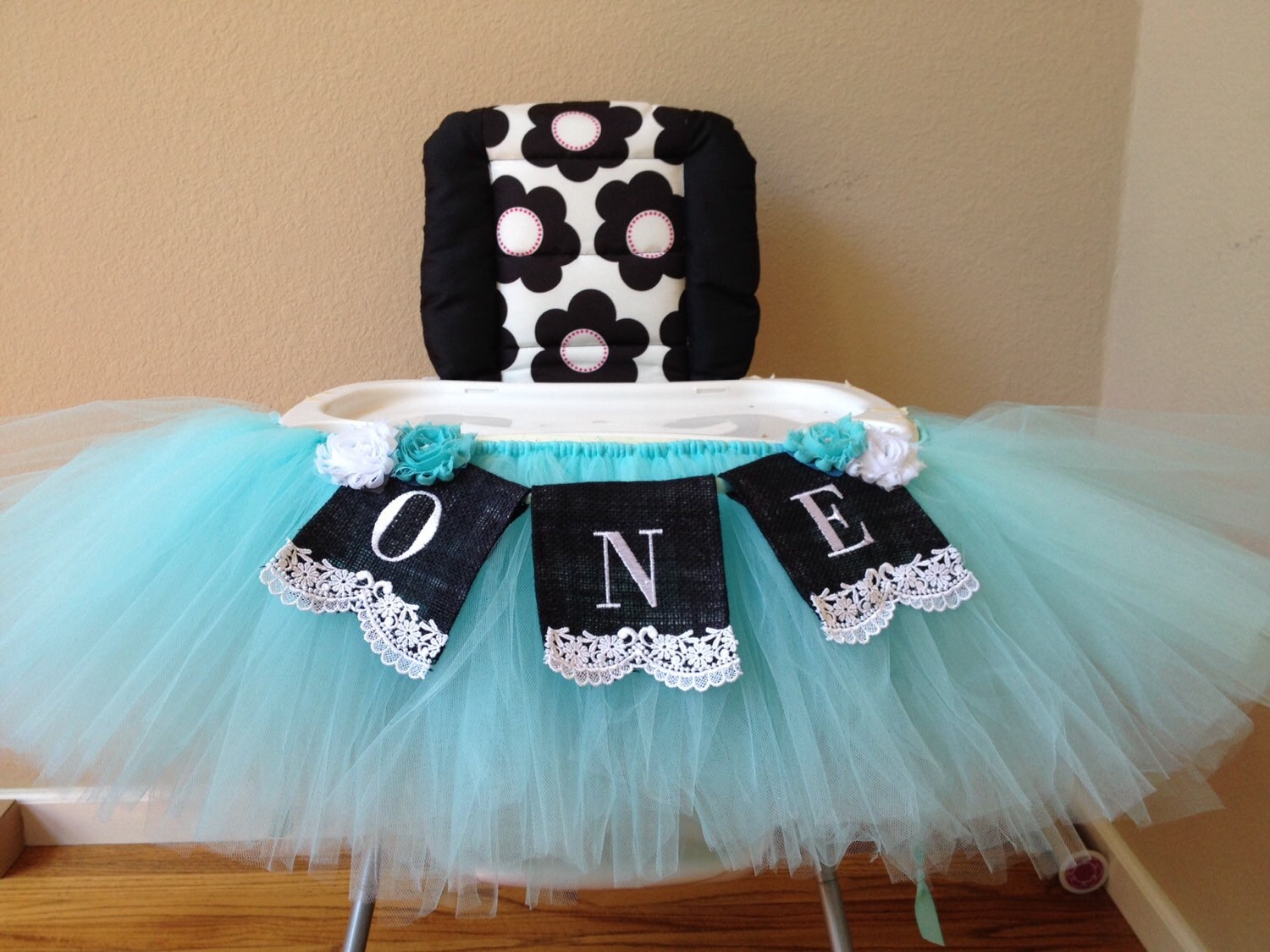 First Birthday One Burlap Lace Banner and Aqua High Chair | Etsy