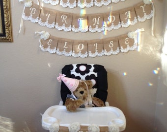 Happy Birthday Banner Shabby Chic Burlap Lace Burlap | Etsy