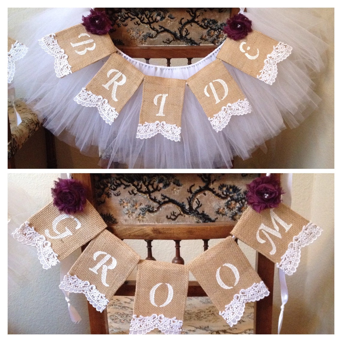 Bride and Groom Burlap Chair Banners Shabby Chic Wedding | Etsy