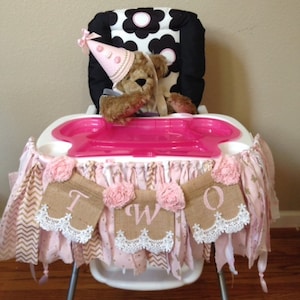 Baby's First Birthday High Chair Pink Gold Rag Garland and Banner ...