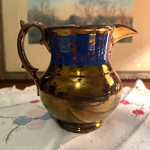 2 Antique Copper Luster/lusterware Pitchers, Jugs, With Blue Painted ...