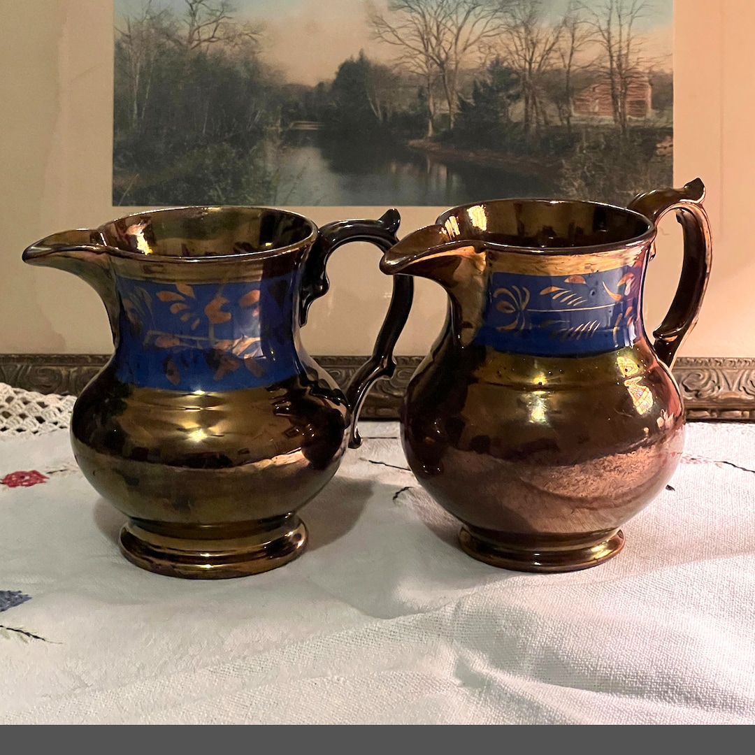 2 Antique Copper Luster/lusterware Pitchers, Jugs, With Blue Painted ...