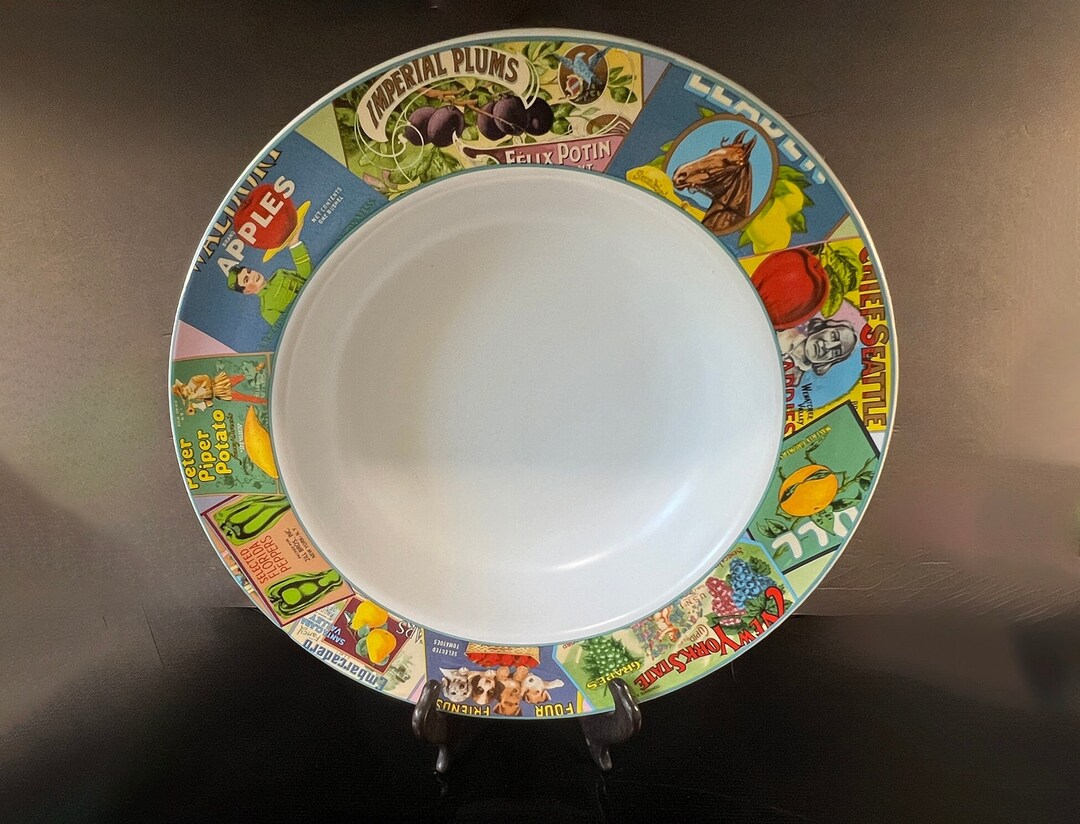 Large Salad Serving Bowl "vintage Labels," Round Stoneware Bowl With ...