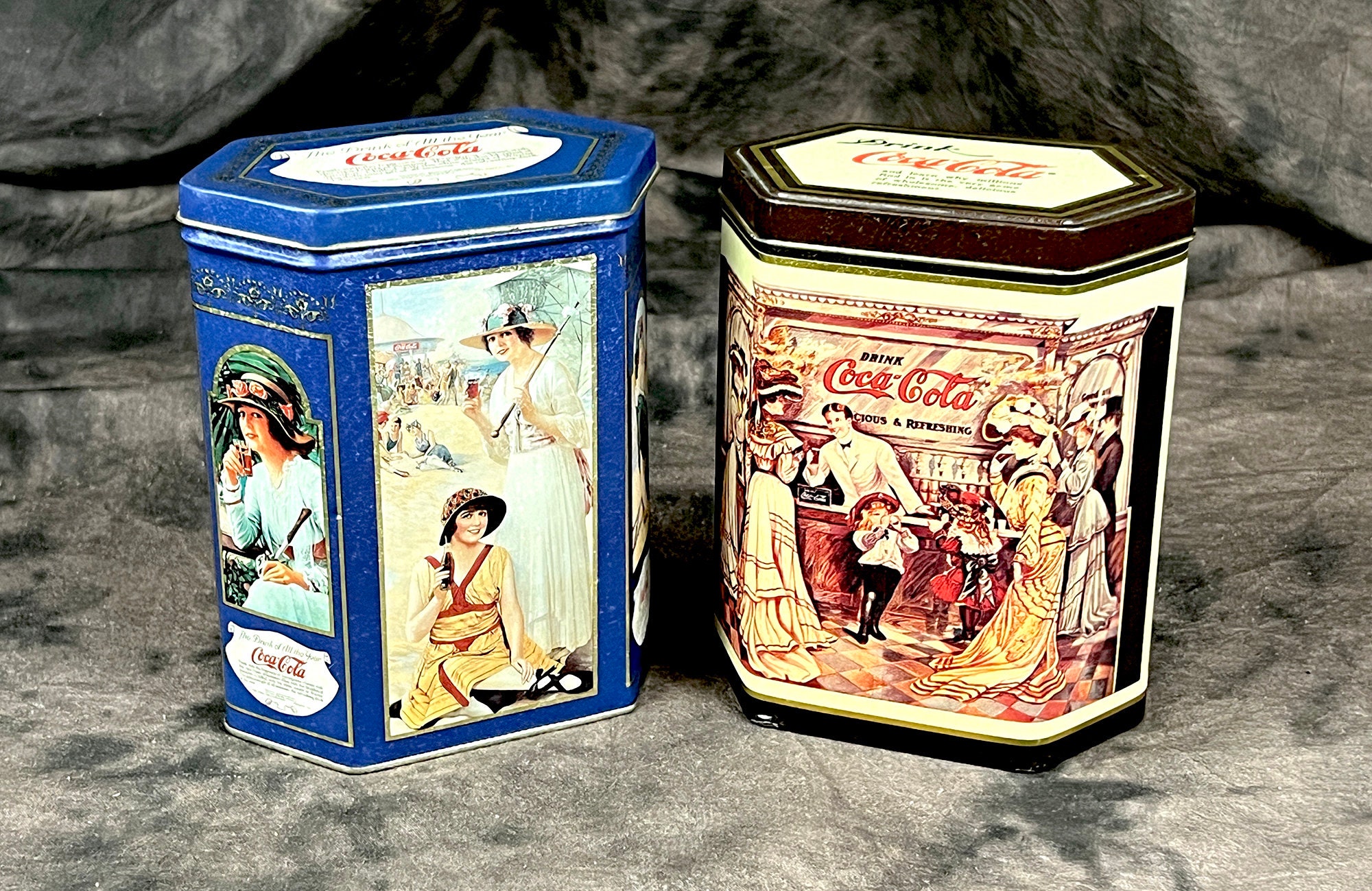 2 Vintage Retro Coca-cola Tins With 1890s Images Hexagonal - Etsy