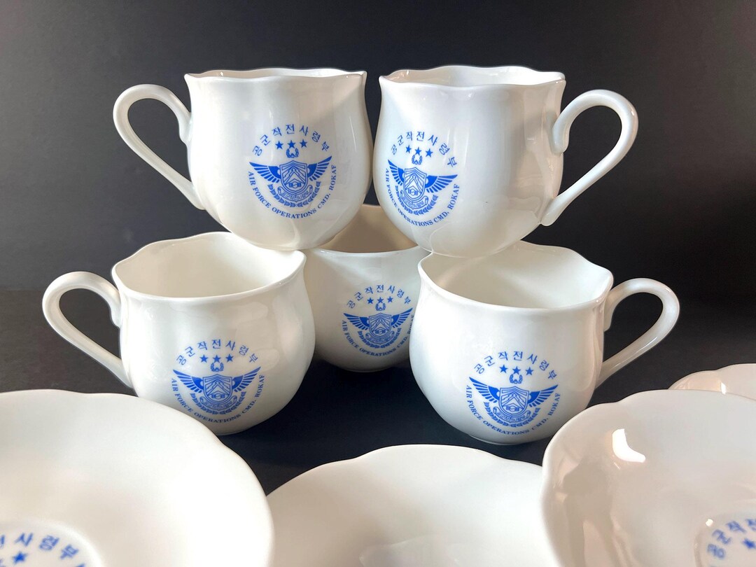 Republic of Korea Air Force Tea Cups and Saucers, Fine China, Blue and ...
