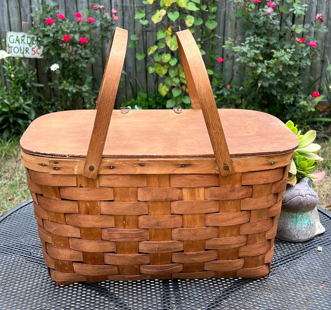 Vintage Wicker Picnic Basket With Wood Lid, With 1951 Handwritten ...