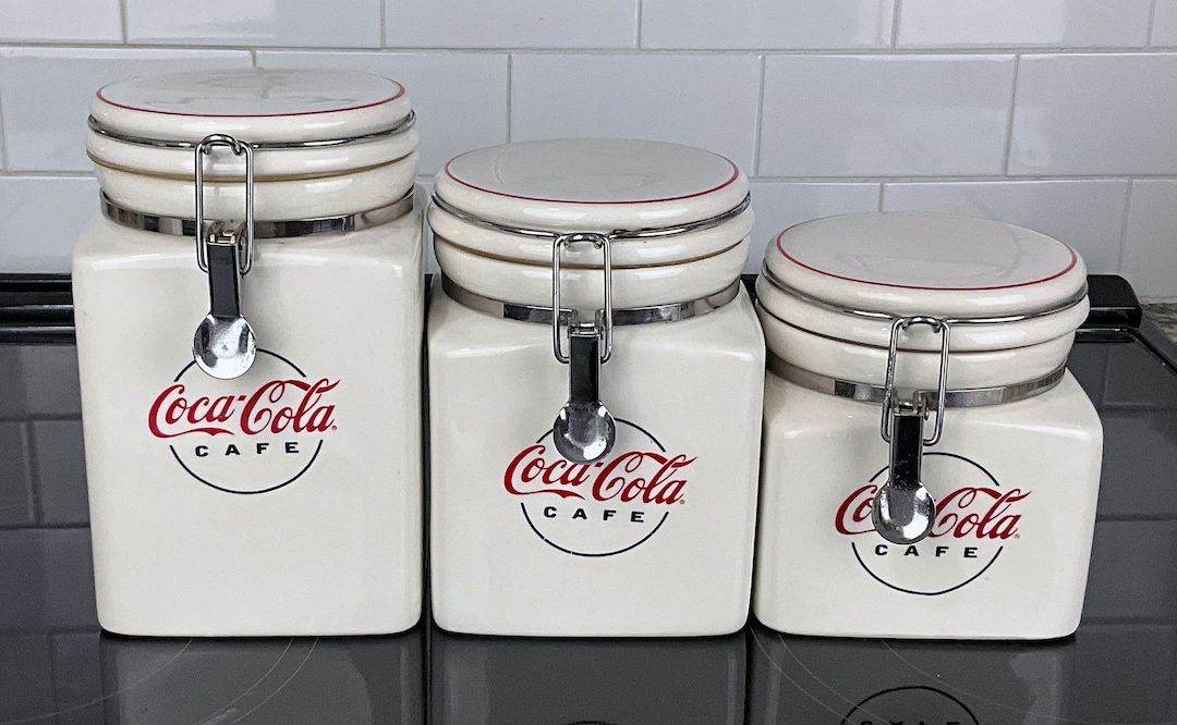 Retro 3-piece coca-cola Cafe Ceramic Canister Set With Locking Lids ...
