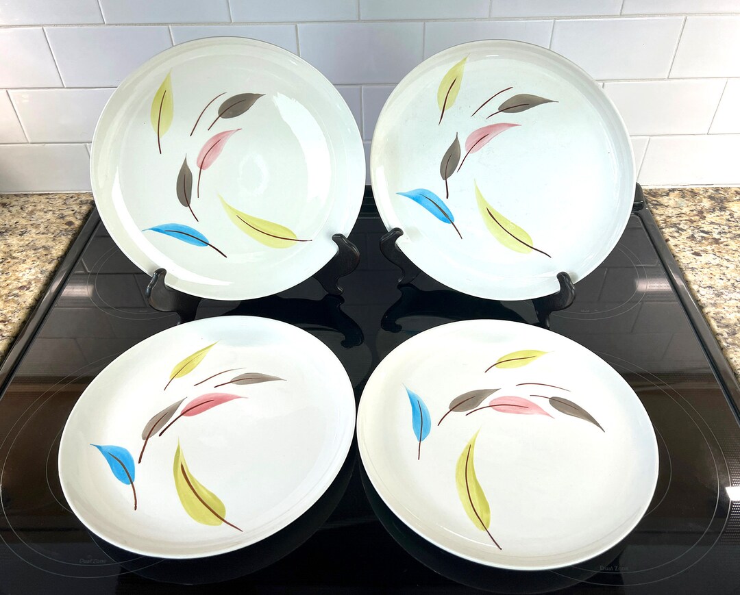 Set of 4 MCM Stetson Dinner Plates: Hand-painted Abstract Leaves, 1950s ...