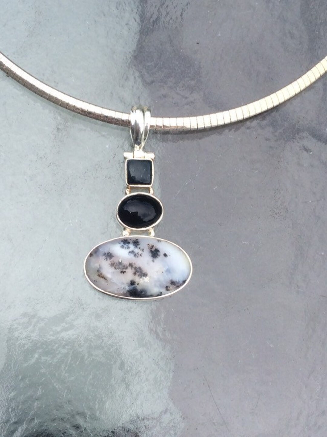 BLACK FRIDAY Merlinite Dendritic Opal Pendant W/black Onyx & Hawks Eye ...